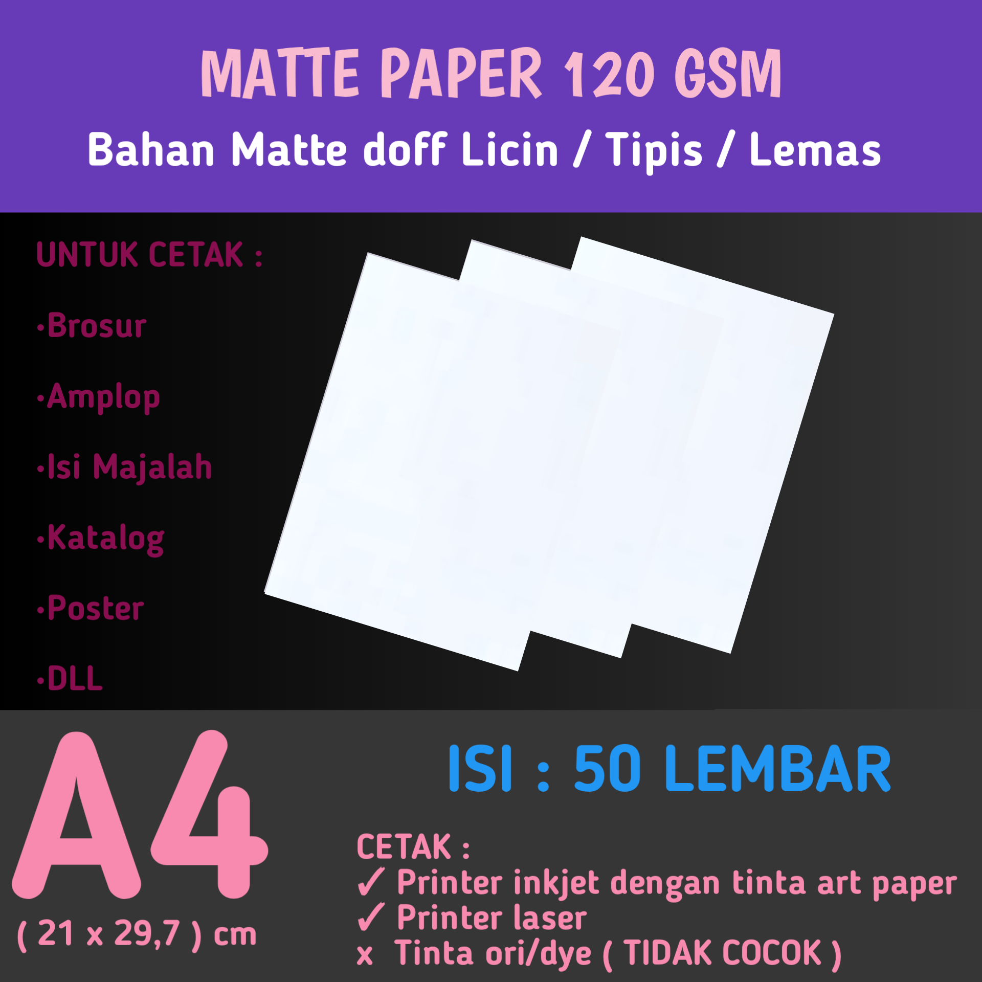 Kertas Matte paper 120 GSM A4 isi 50 lembar / Kertas Brosur Doff Tipis ...