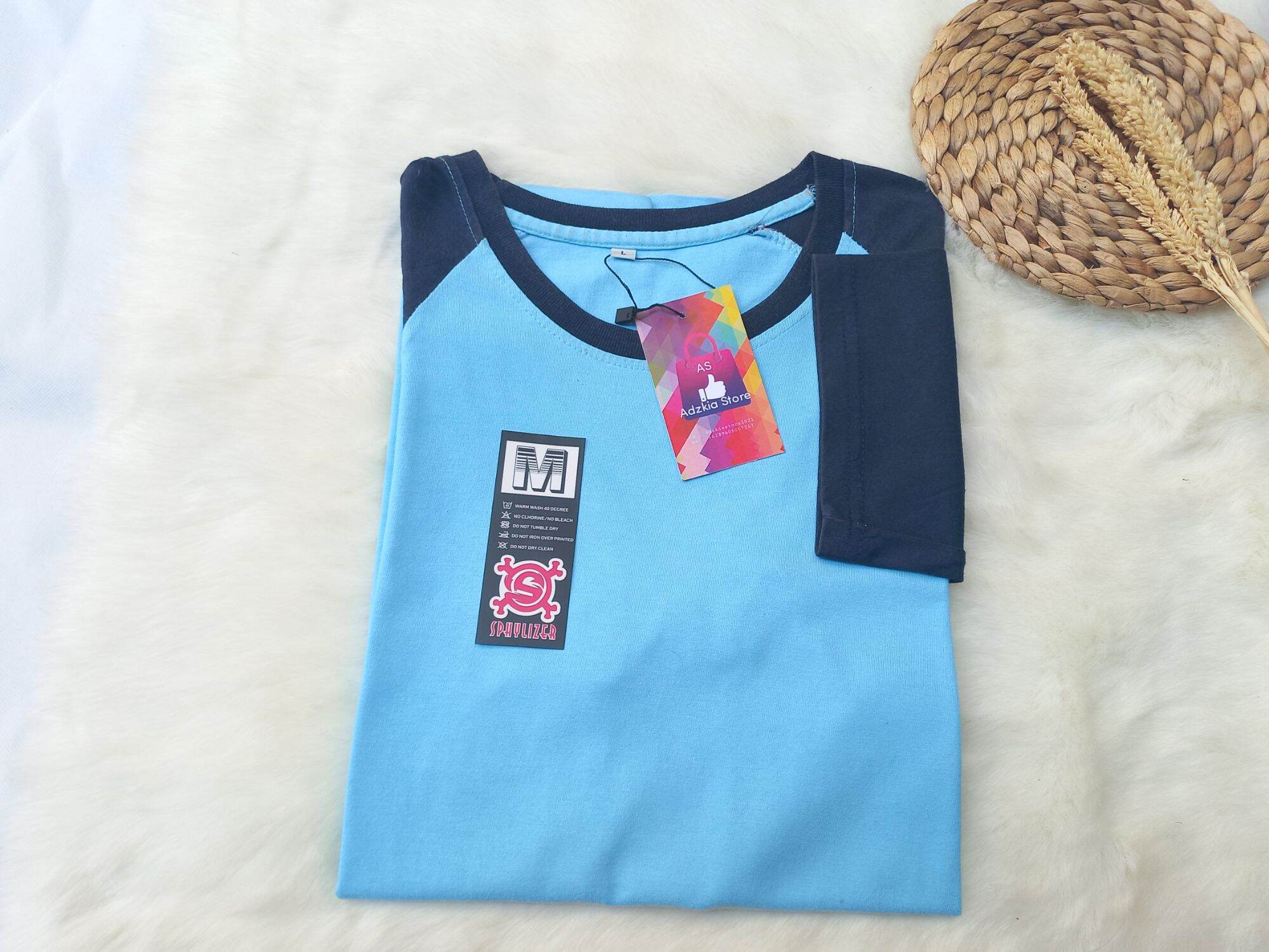 kaos raglan warna biru laut kombinasi nevi tangan 3/4 | Lazada Indonesia