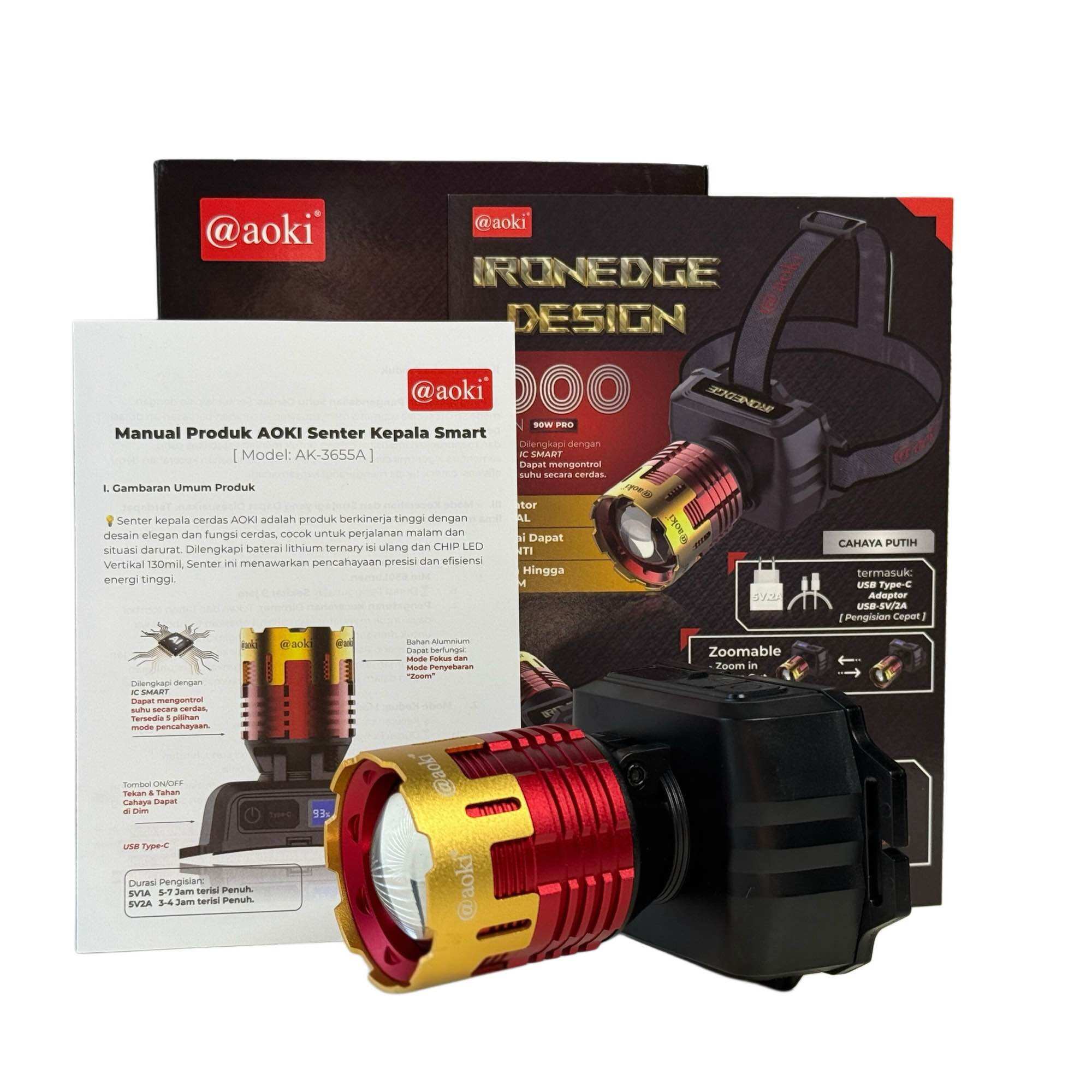Senter Kepala Zoom LED 90 Watt 2000 Lumen Aoki IRONEDGE AK-3655 Baterai ...