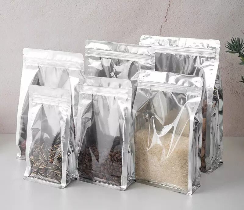 ( 50pcs ) Standing Pouch Flat Bottom Silver Metalized Foil Windows 16 x ...
