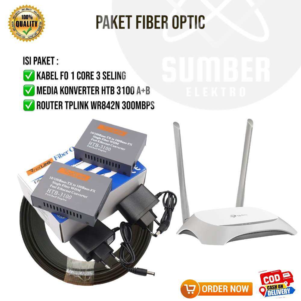 PAKET KABEL FIBER OPTIC DROPCORE 50 METER & MEDIA KONVERTER HTB 3100 A ...