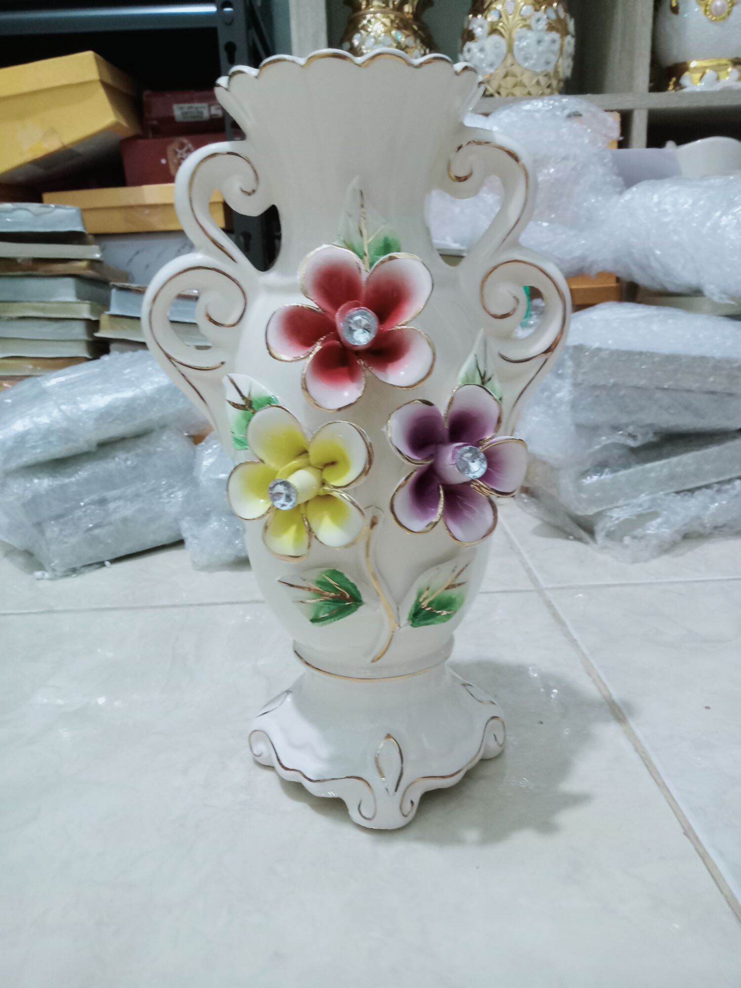 keramik hias bunga ukuran tinggi 26 cm / guci putih mewah / keramik ...