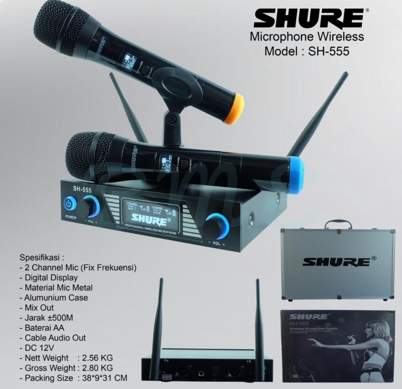 MIC WIRELESS SHURE SH-555 / SH555 / SH 555 NEW MODEL FREE HARDCASE ...