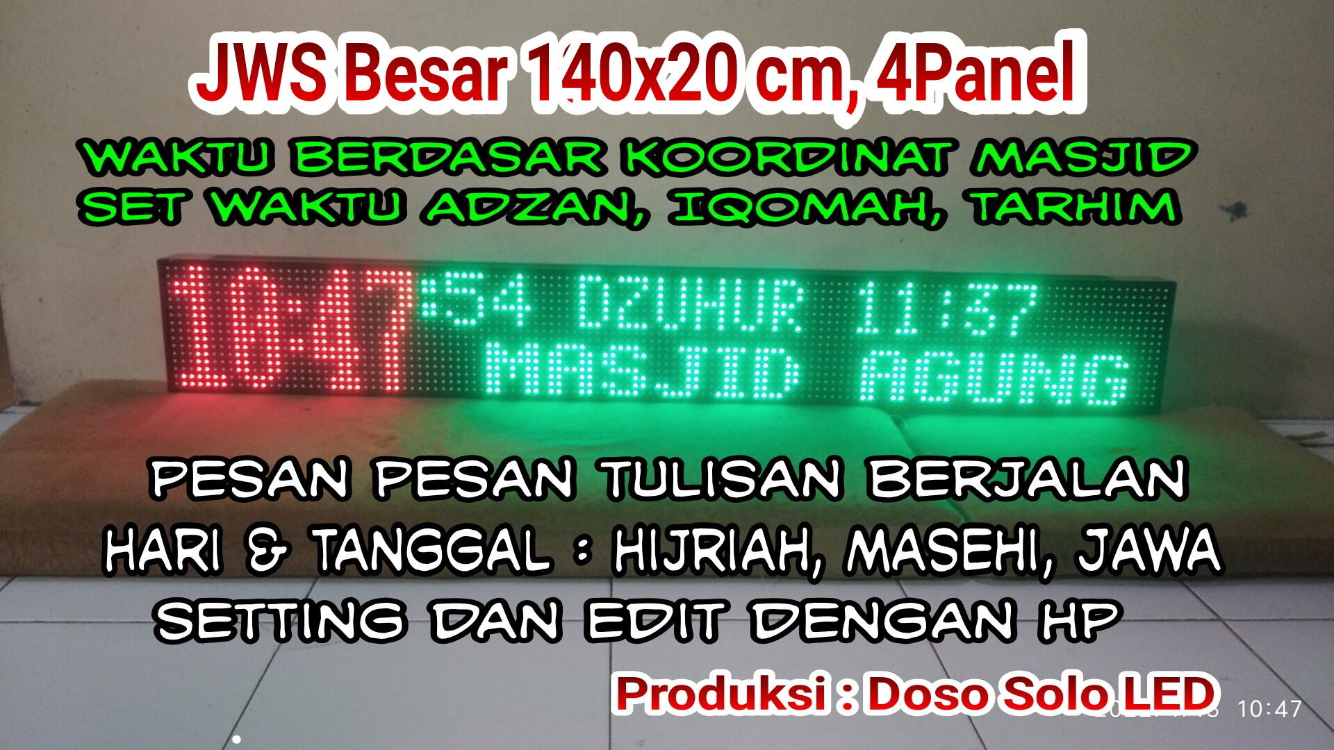 jam waktu sholat jws panjang 140x20 cm, dua warna, setting dengan HP ...