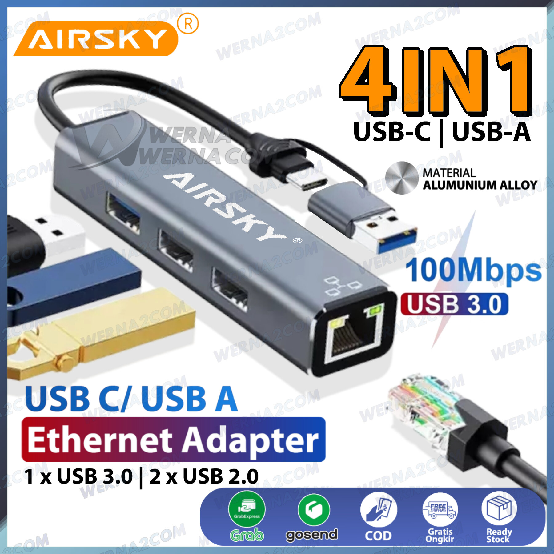 AIRSKY USB 3.0 type C HUB 2 IN 1 | USB 3.0 + USB 2.0 + Ethernet LAN HC-78 | Lazada Indonesia