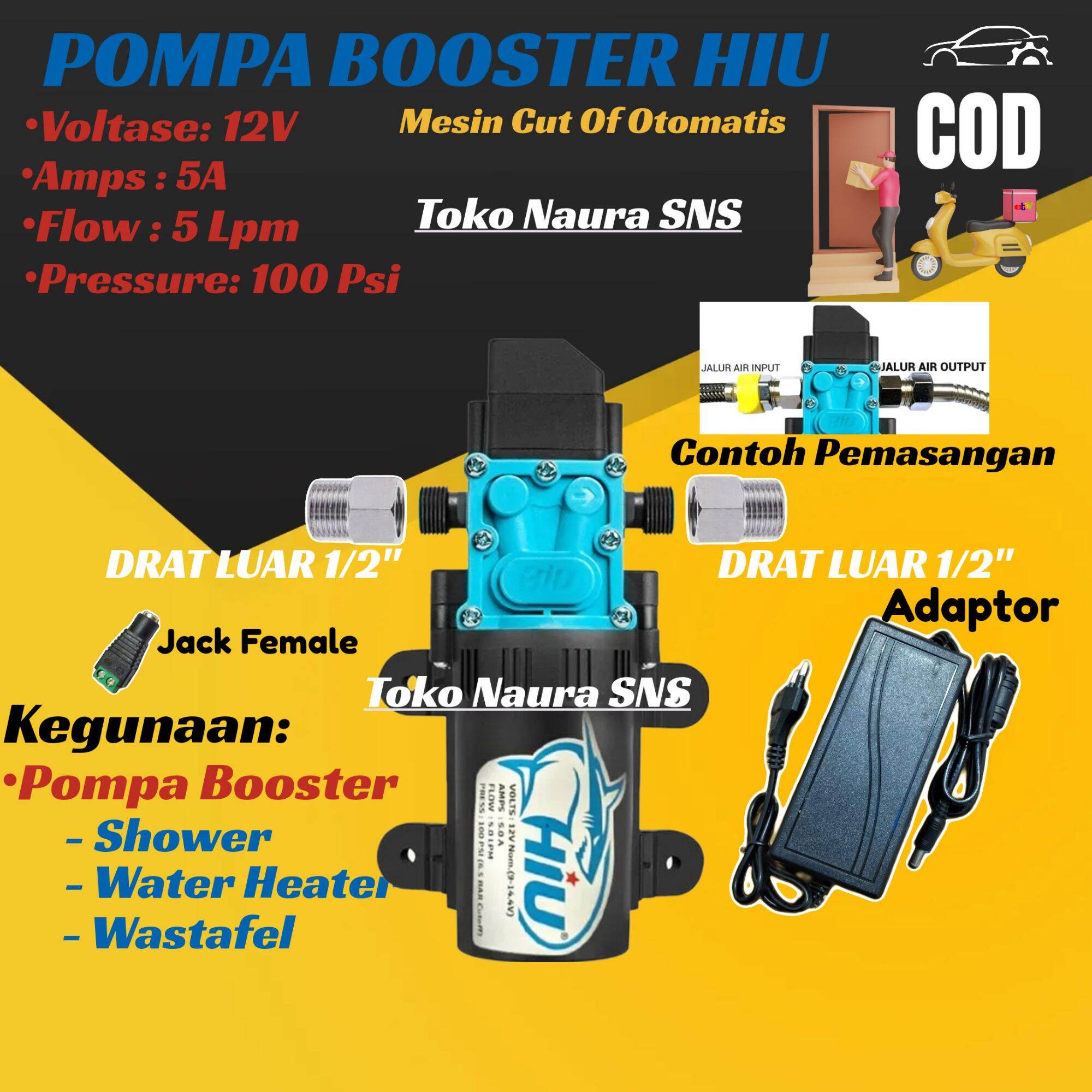 POMPA DORONG WASTAFEL / WATER HEATER / SHOWER POMPA DC 12V HIU 100 PSI ...