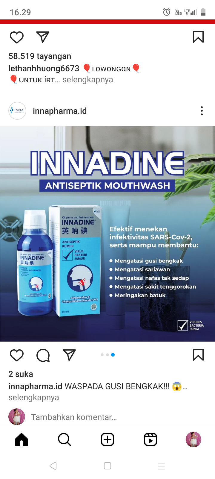 INNADINE MOUTHWASH 100ml/obat kumur/gusi bengkak/gusi berdarah/sariawan ...
