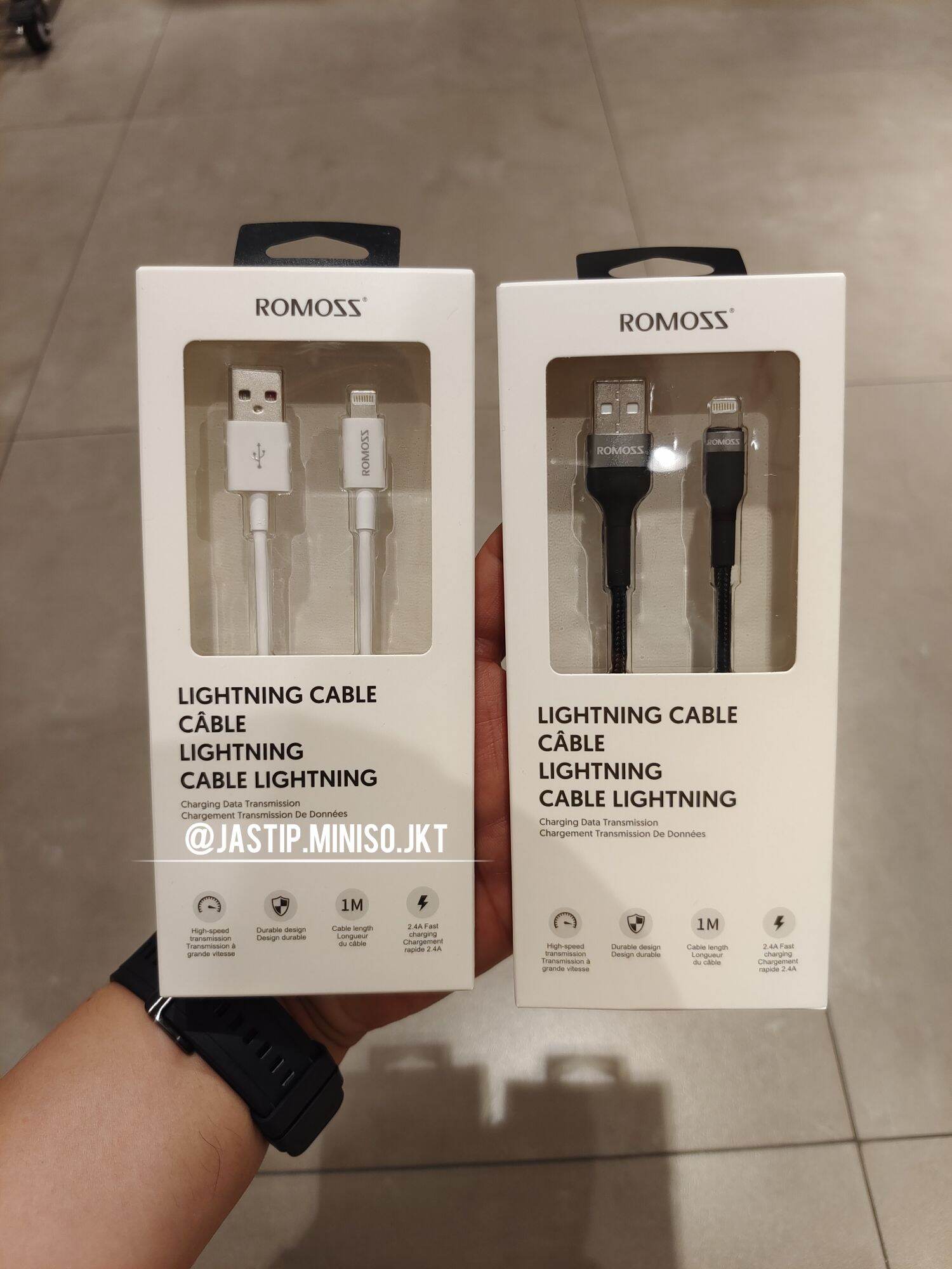 MINISO 🆕 Kabel Charger Lightning ROMOSS panjang kabel 1m 5V / 2.4A ...