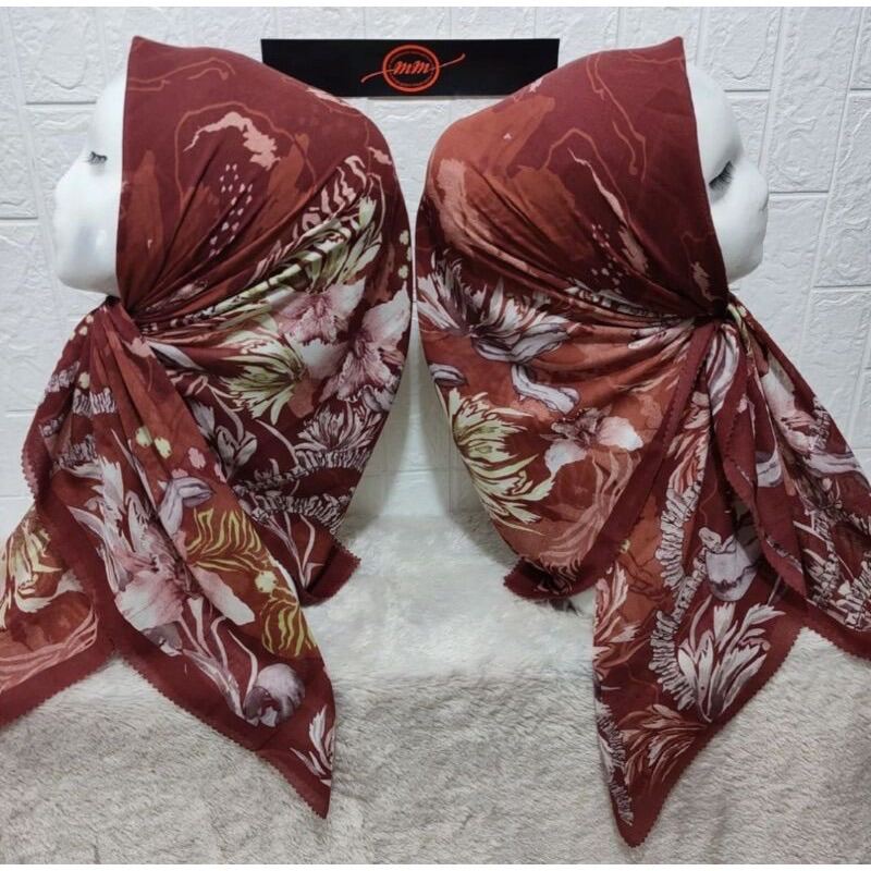Promo Hijab Segi Empat Voal Motif Bunga Warna Merah Maroon Kerudung ...