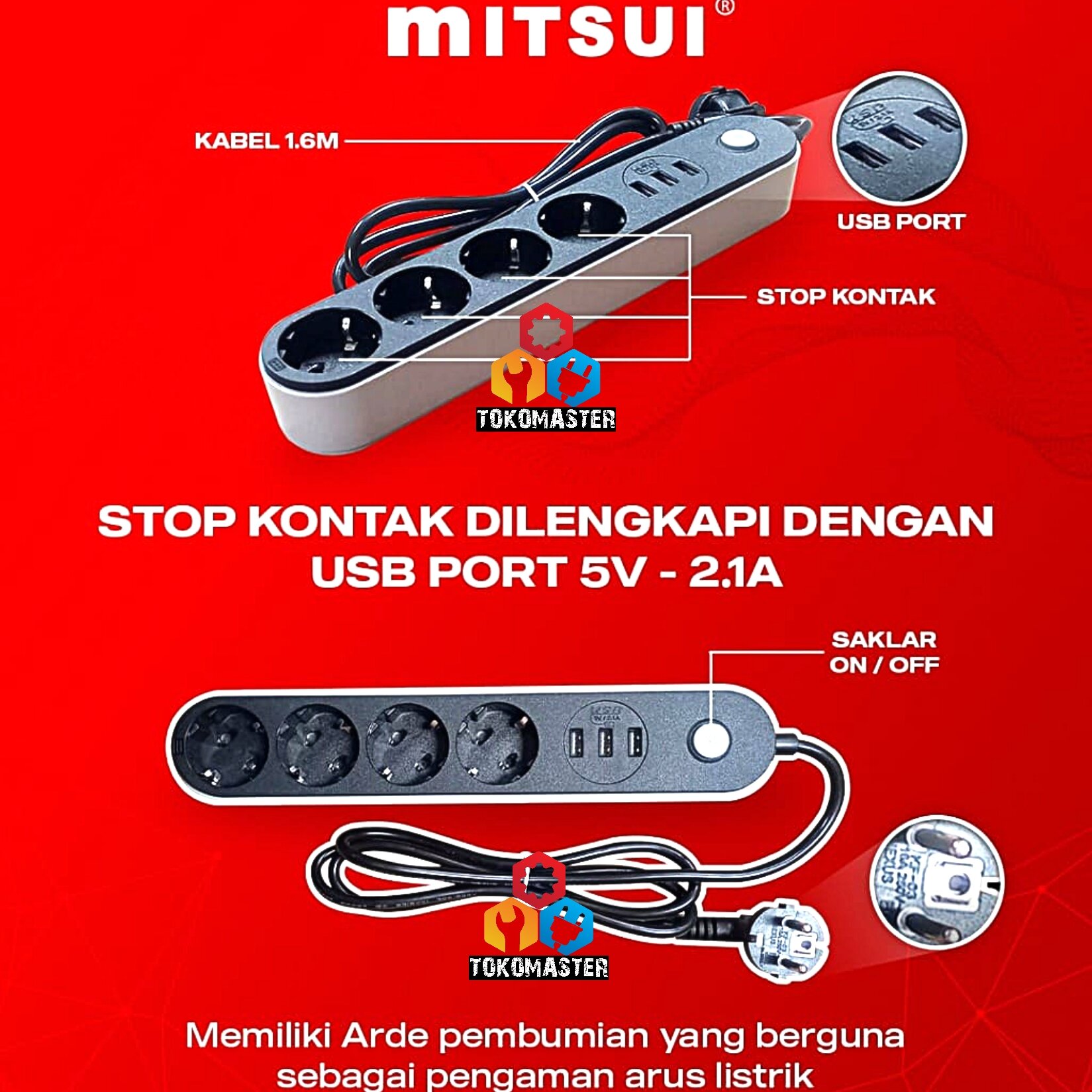 Stop Kontak + USB Colokan Set Kabel 4 Lubang AC 3 USB Mitsui MSC 154 ...