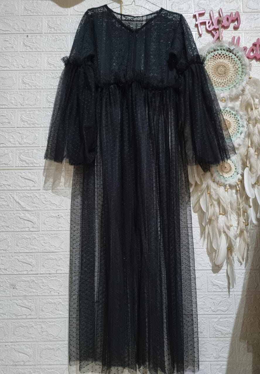 Vania dress outer//bahan burkat mix tule dotty//outer burkat//kardigan ...