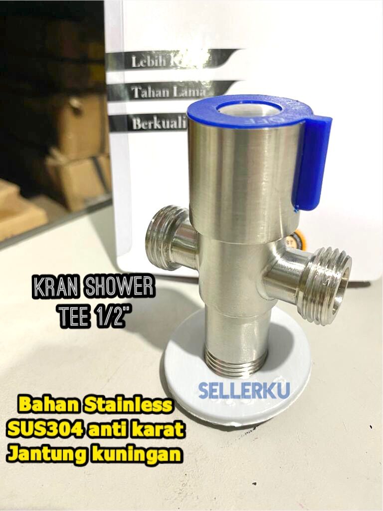 Kran shower Tee 1/2" Keran T Kran Cabang 2 stainless anti karat SUS304 ...