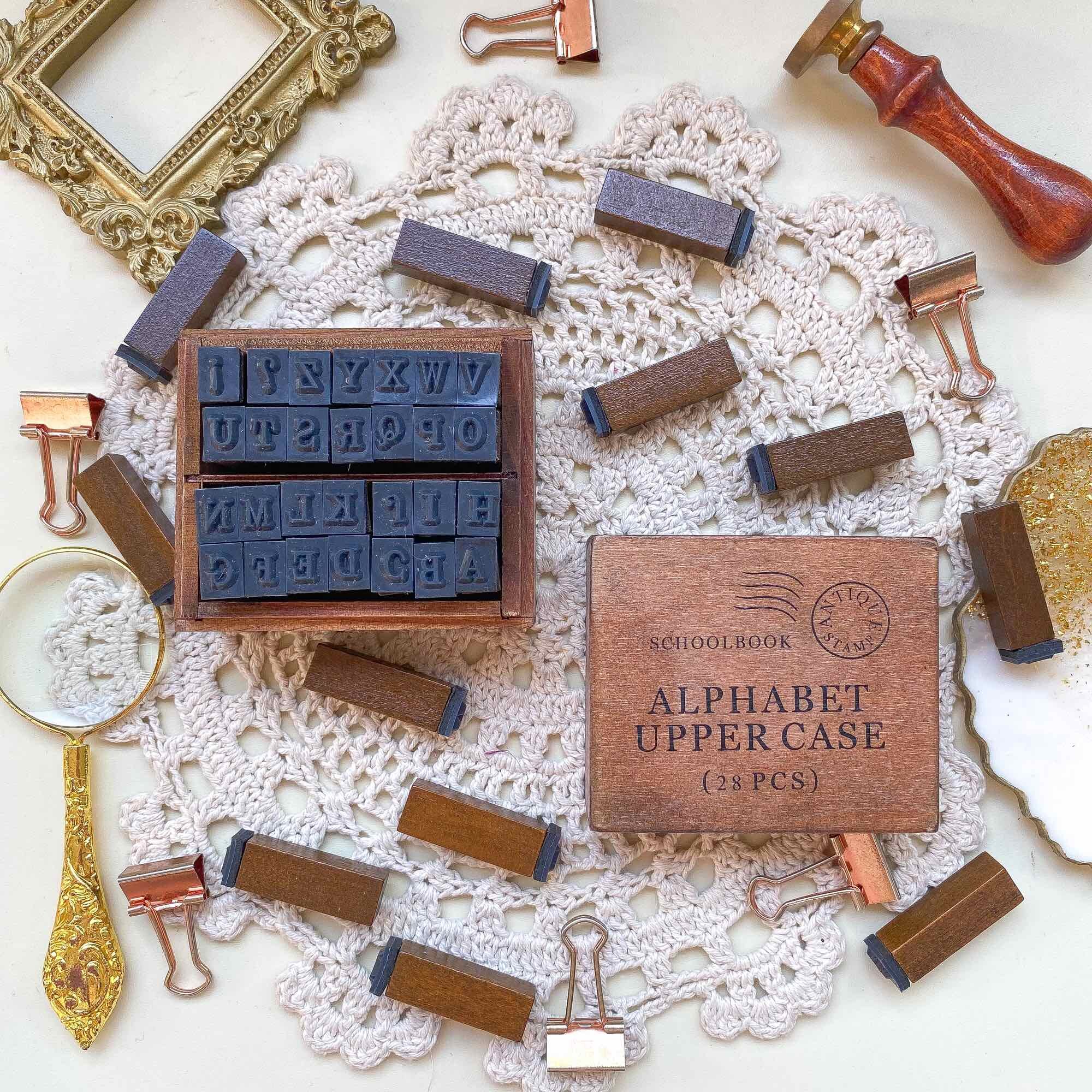 28pcs Stempel huruf Vintage wooden box alphabet number stamp cap ...