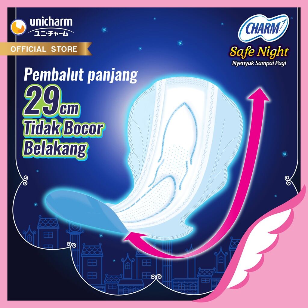 Charm Pembalut Safe Night 29cm Wing 18pads isi 18 pcs Ukuran 29 cm ...