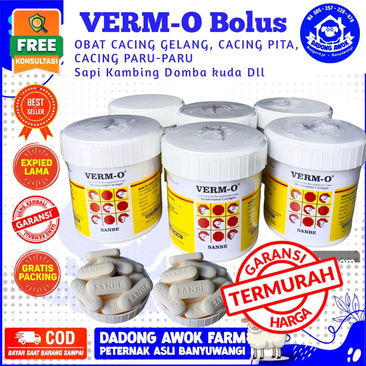 VERM O 1 BOLUS - SANBE HEWAN TERNAK - OBAT CACING GELANG, PITA, PARU ...