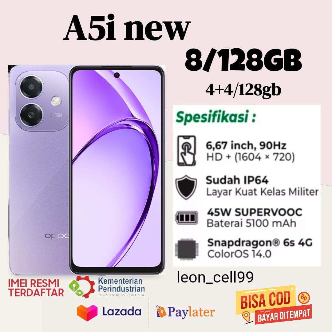 OPPO A5i RAM 8+128 GB processor snapdragon 6s gen 1 layar 6.7 inci new ...