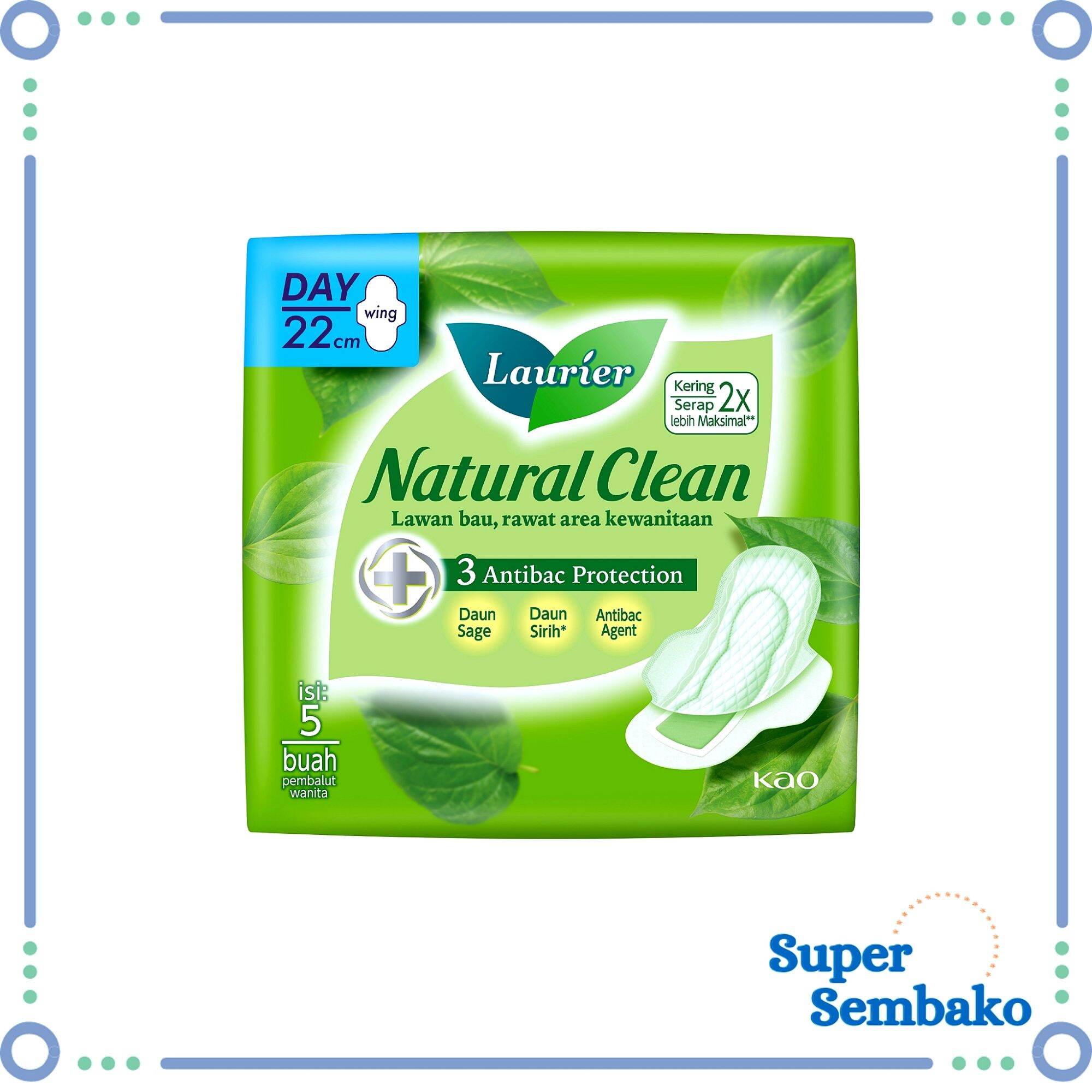 PEMBALUT LAURIER NATURAL CLEAN DAUN SIRIH DAY WING SAYAP 22CM ISI 5 ...