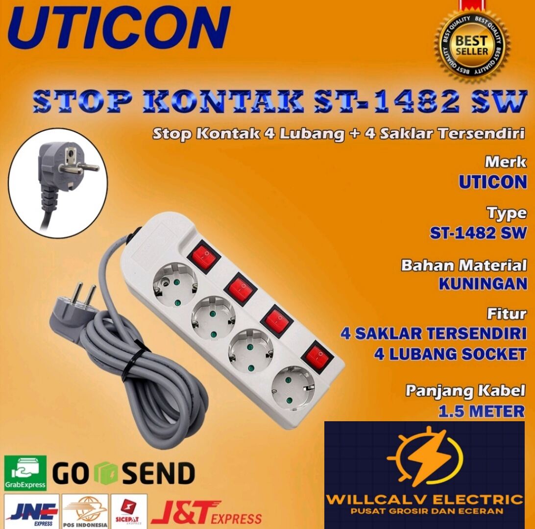 STOP KONTAK UTICON 4 LUBANG PLUS SAKLAR TERSENDIRI KABEL 1.5 METER TERMINAL KUNINGAN ST - 1482 ...