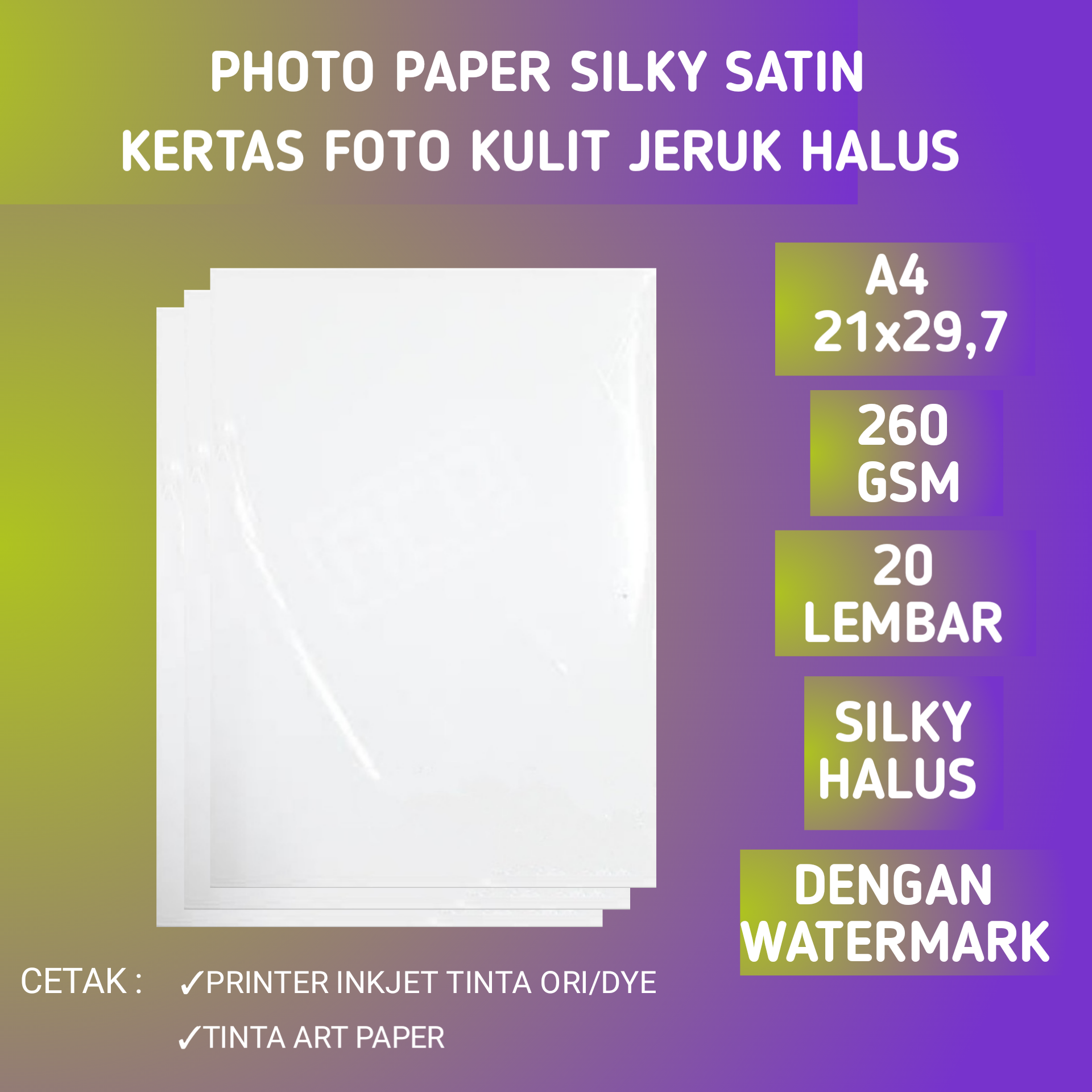 Kertas foto silky halus 260 GSM A4 isi 20 lembar/photo paper kulit ...