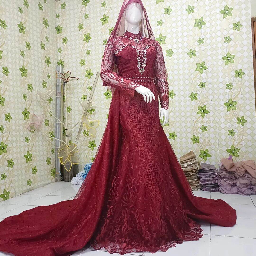 gaun pengantin model slim duyung warna marun lengkap slayer | Lazada ...