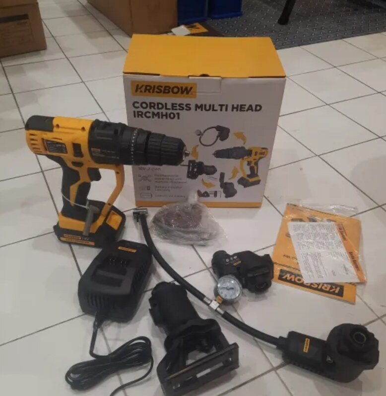 KRISBOW IMPACT DRILL CORDLESS MULTY HEAD Mesin Bor 4 Fungsi 18 Volt ...
