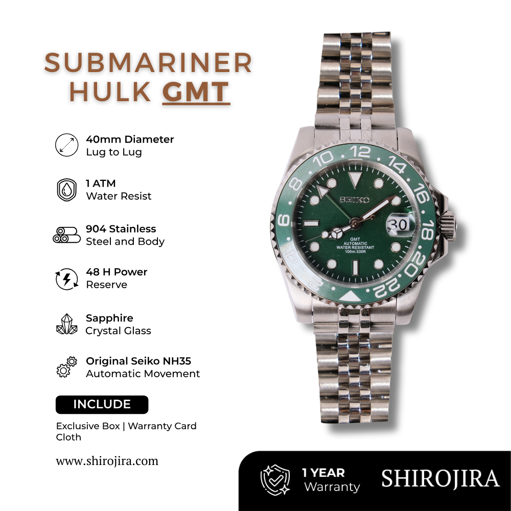 Shirojira SeikoMods Submariner Hulk GMT Dual Time Zone Automatic NH34 ...