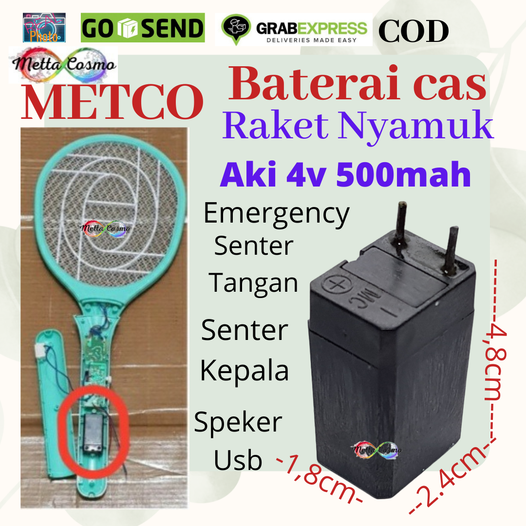 Baterai Raket Nyamuk Aki Kering 4 Volt 500mah METCO Senter Emergency ...
