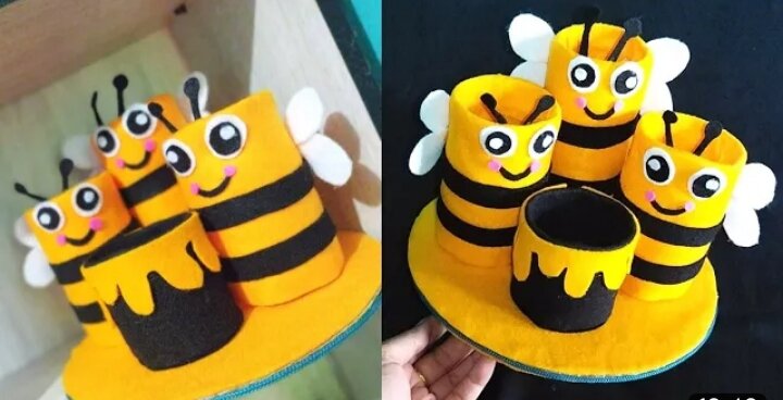 tempat pensil lebah cantik 4 tempat dari plastik botol Aqua dan flane ...