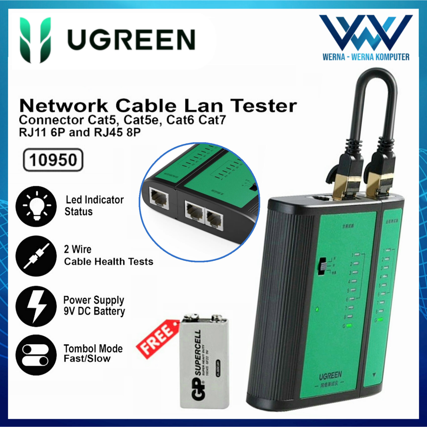 UGREEN KABEL LAN TESTER CABLE RJ45 8P RJ11 6P NETWORK CAT5 CAT6 10950 ...