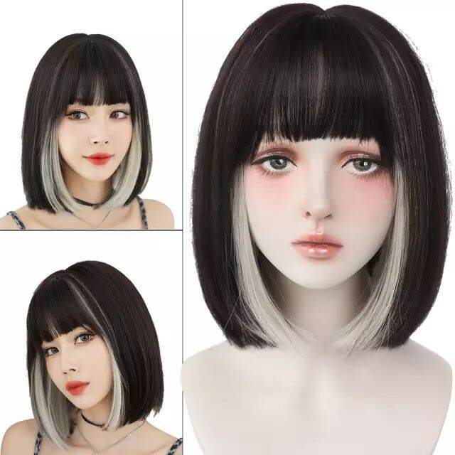 Wig rambut model poni bob ombre layer black ash white | Lazada Indonesia