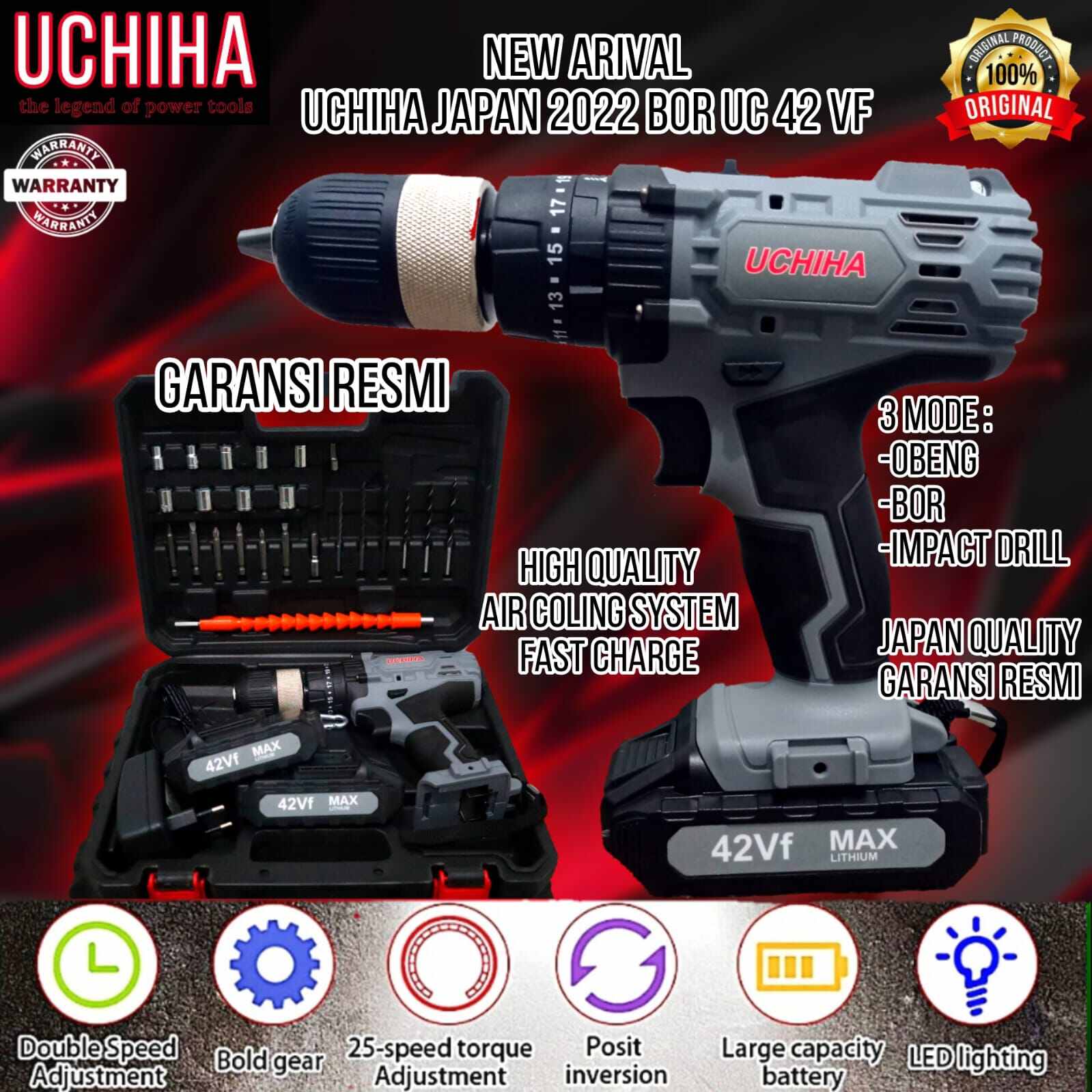 bor baterai 42v uchiha 13mm cordless new arrival 2022 lengkap bor cas bor tembok kayu besi pvc ...