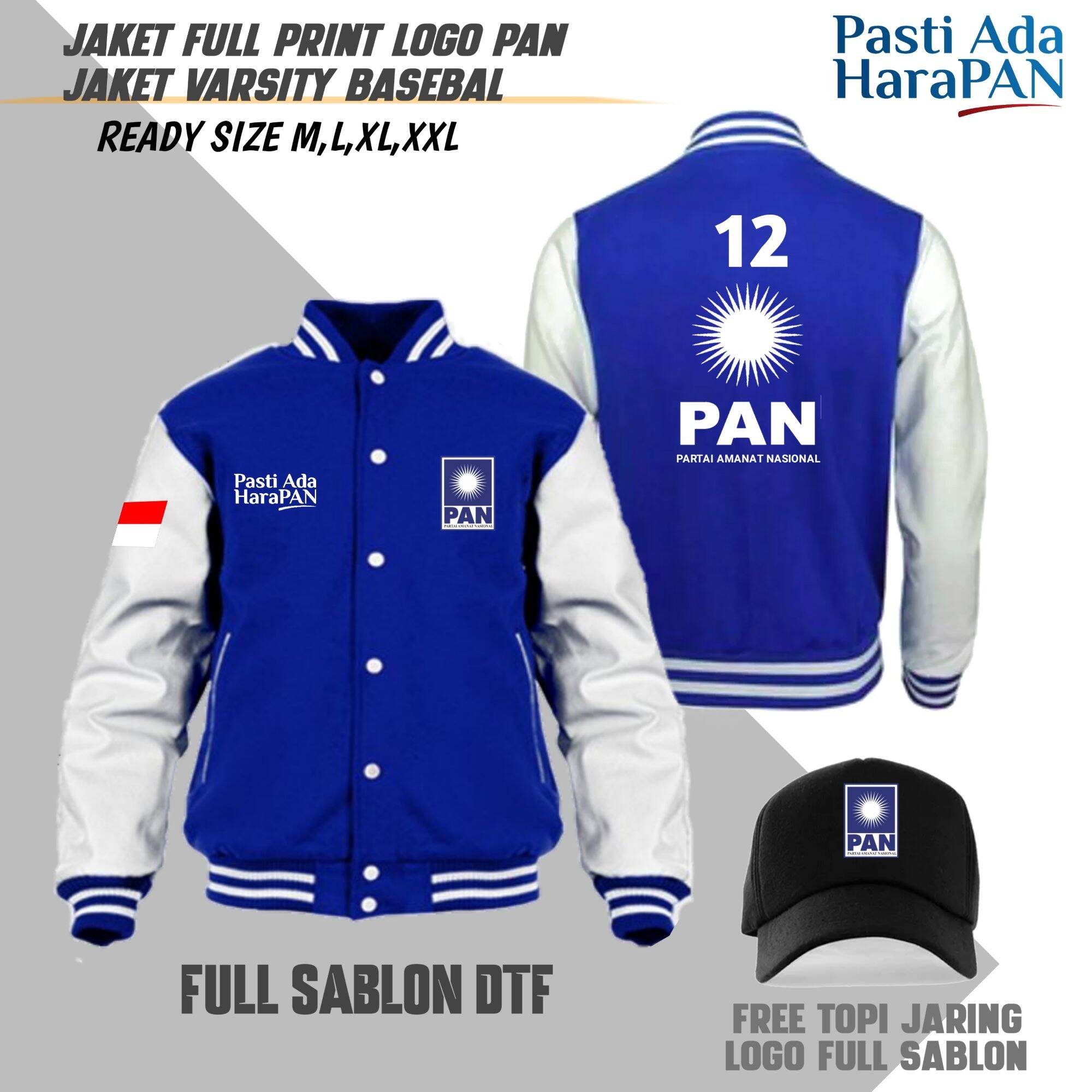 JAKET VARSITY BIRU PUTIH LOGO PAN - JAKET VARSITY PARTAI PAN BONUS TOPI ...