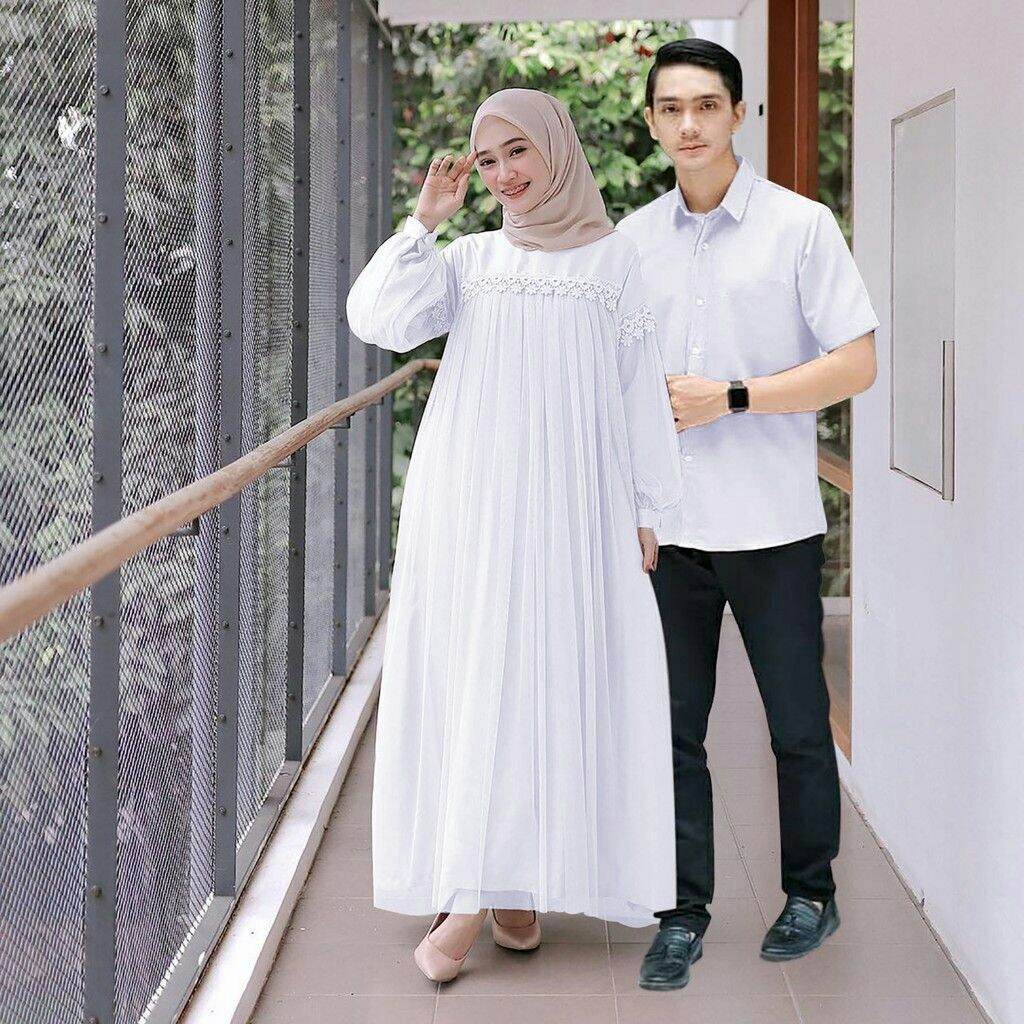 GAMIS PUTIH FREE HIJAB/MAXI DRES LEBARAN WARNA PUTIH/COUPLE WARNA PUTIH ...
