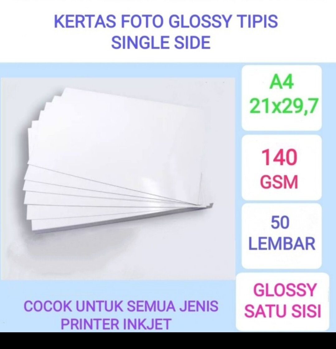 kertas foto glossy 140 GSM isi 50 lembar A4 /kertas foto tipis 140 gram ...