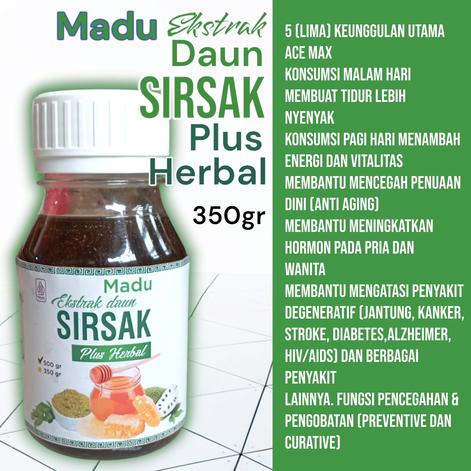 Madu Ekstrak Daun SIRSAK PLUS HERBAL Anti kanker tumor - 350gr BOTOL El ...