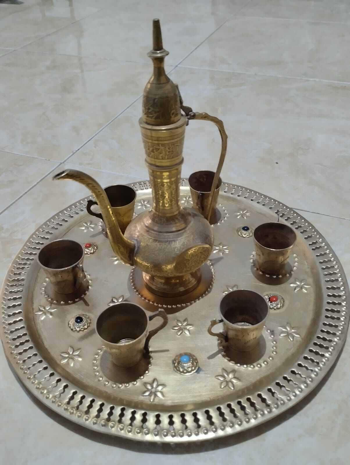 ⭐⭐⭐⭐⭐Pajangan set teko arab full ukiran talam dihiasi permata ex lama ...