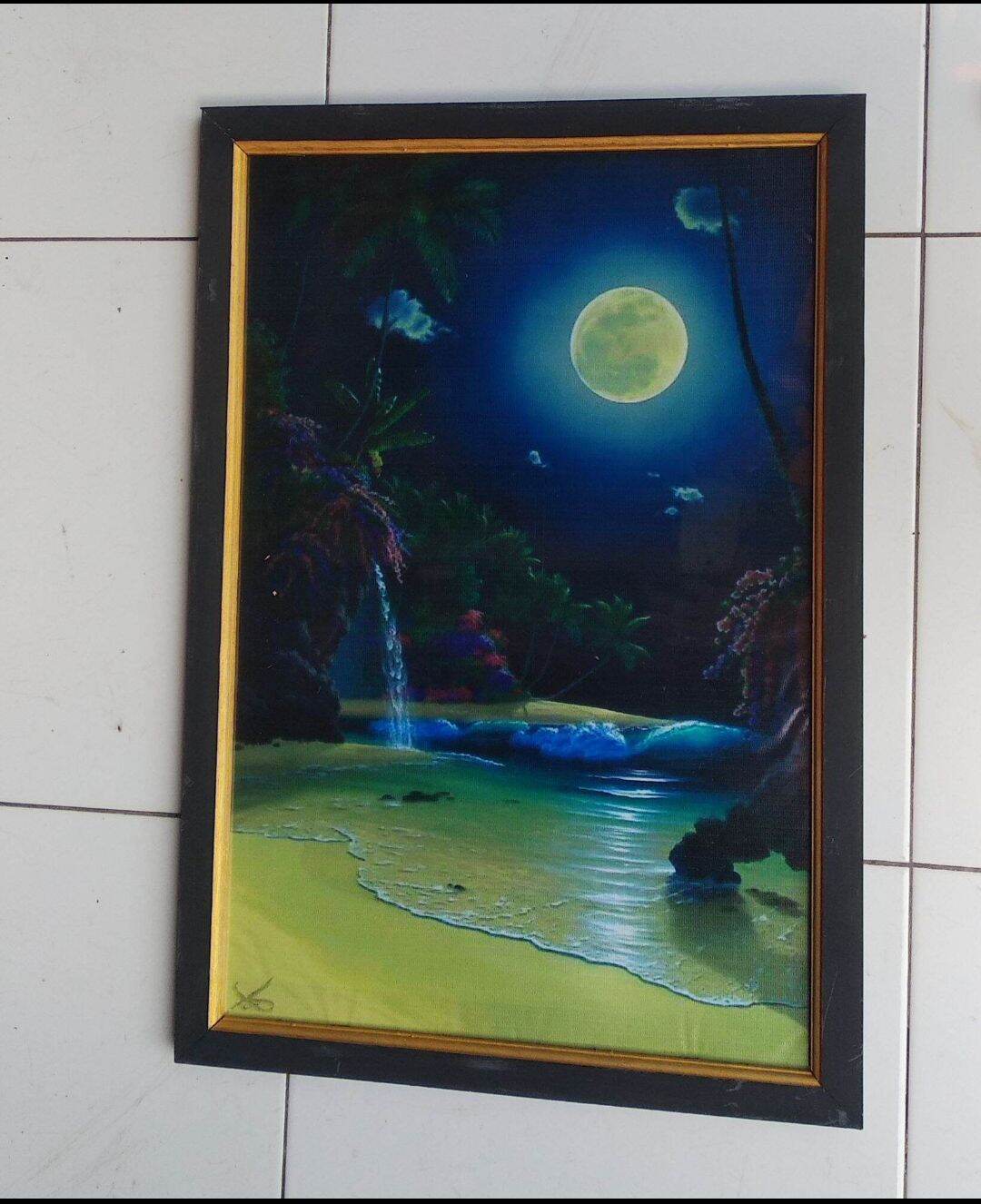 lukisan cetak pemandangan bulan purnama plus bingkai ukuran 65×45 ...