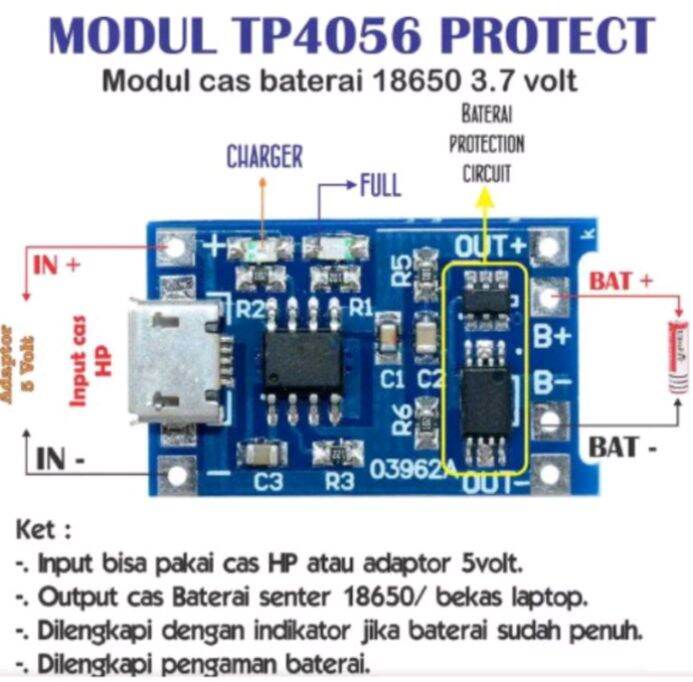Tp4056 modul charger batere 18650 dengan proteksi lebih aman | Lazada Indonesia