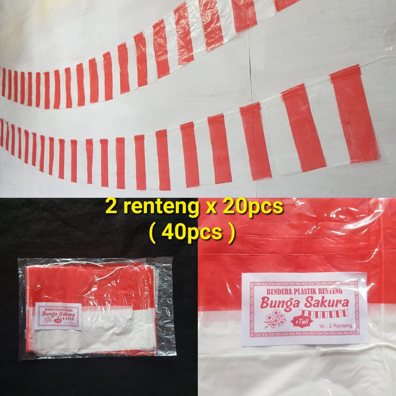 1pack ( isi 40pcs ) Bendera Renteng Plastik Plus Tali / Bendera Merah ...