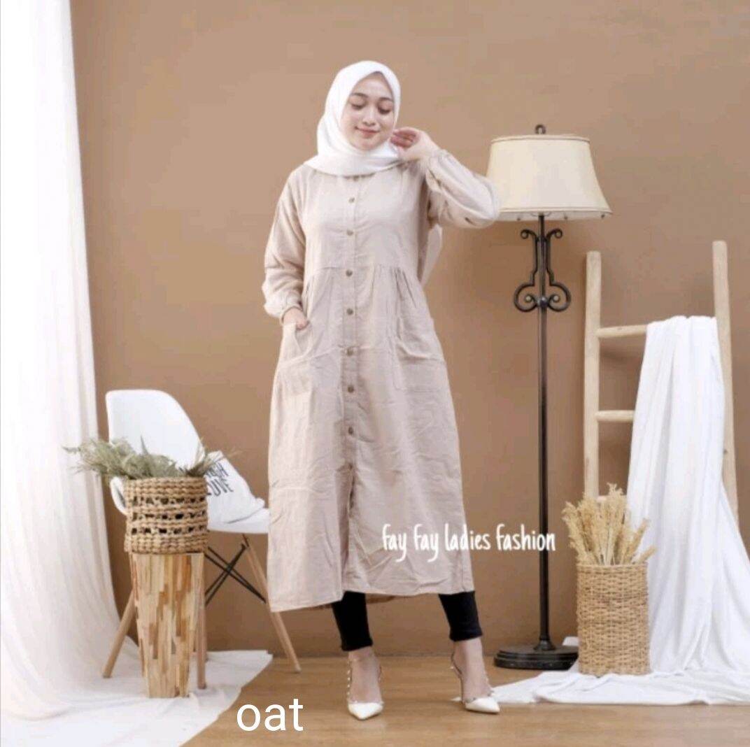Midi Dress Katun Linen Rami Premium Polos Model Saku Model Full Kancing L LONG Viral Terbaru ...