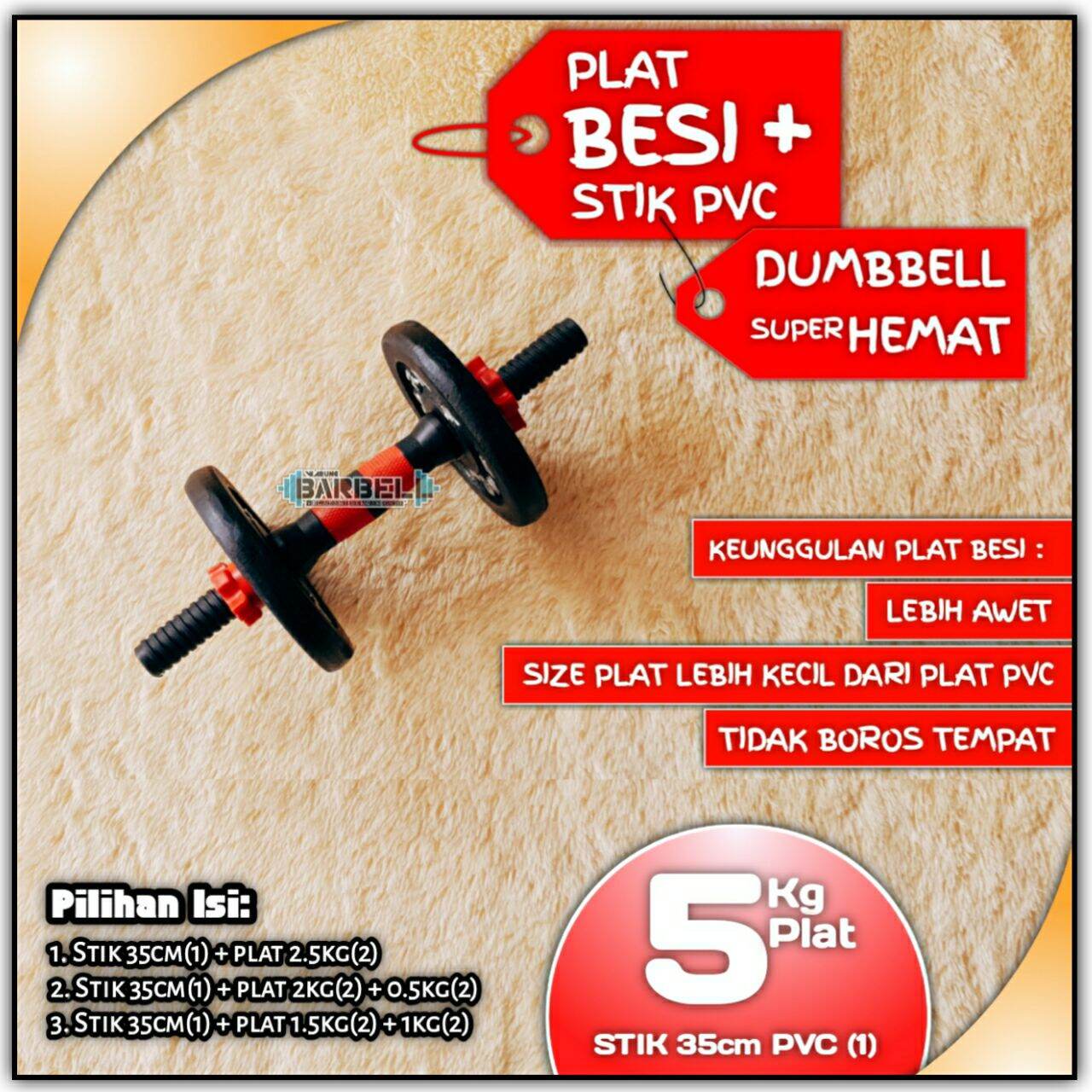 Barbel Dumbbell Set 5kg / Stik 35cm PVC (1) + Plat Barbel 5Kg BESI ...