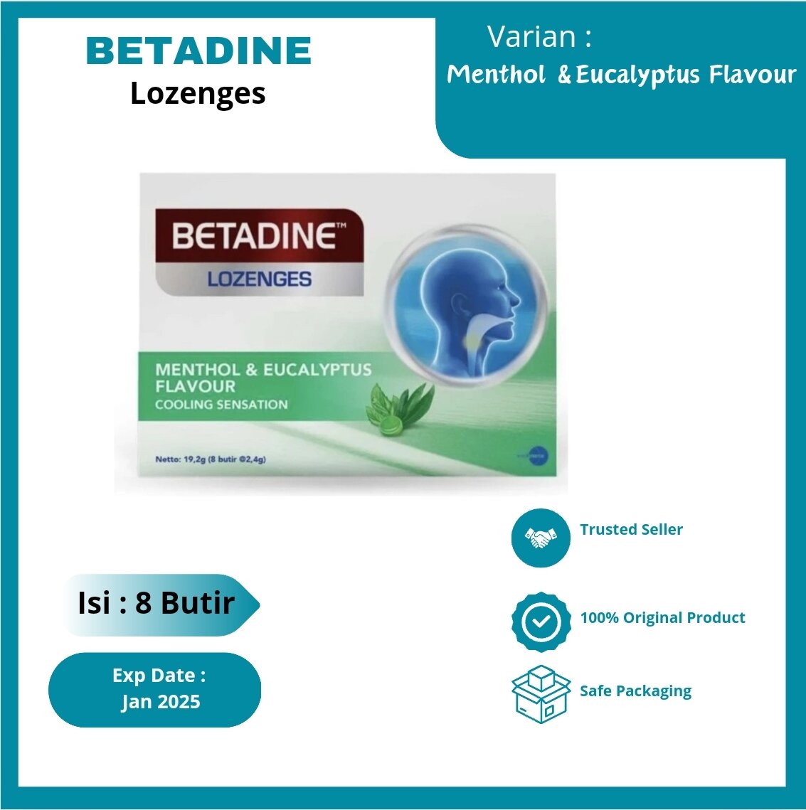 Permen Betadine Lozenges Menthol & Eucalyptus Flavour isi 8 Butir ... Permen Betadine Lozenges Menthol & Eucalyptus Flavour isi 8 Butir ...
