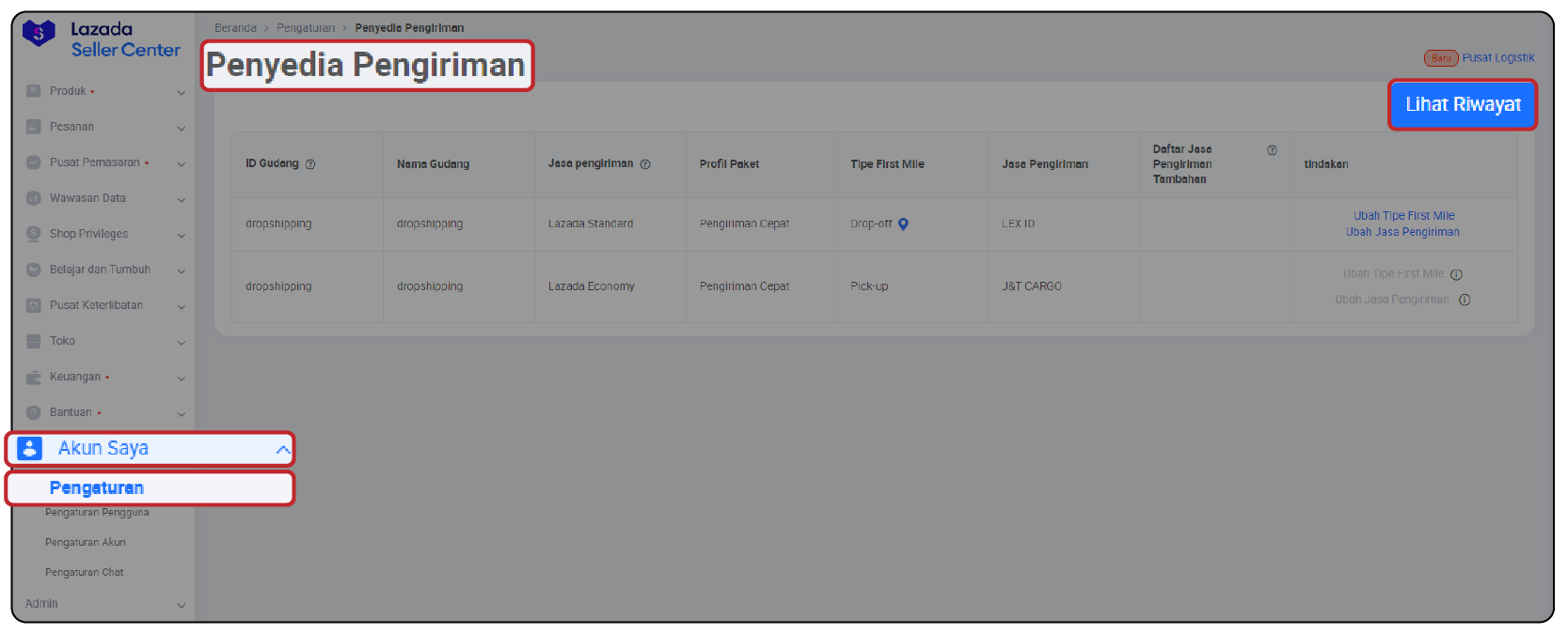Fitur Riwayat Perubahan Jasa Kirim| Lazada Seller Center