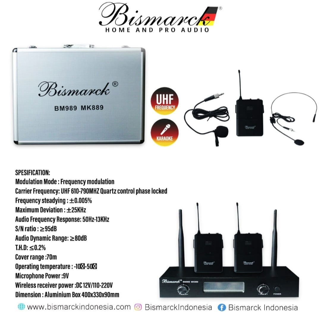 Mic Wireless BISMARCK headset dan clip on UHF frequensi original ...
