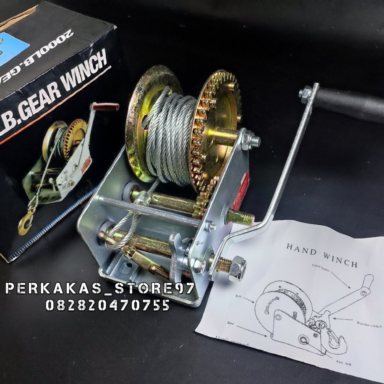 Hand winch 2000 LBS 1 TON gear hand winch katrol manual tenaga tangan panjang Sling 10 meter ...