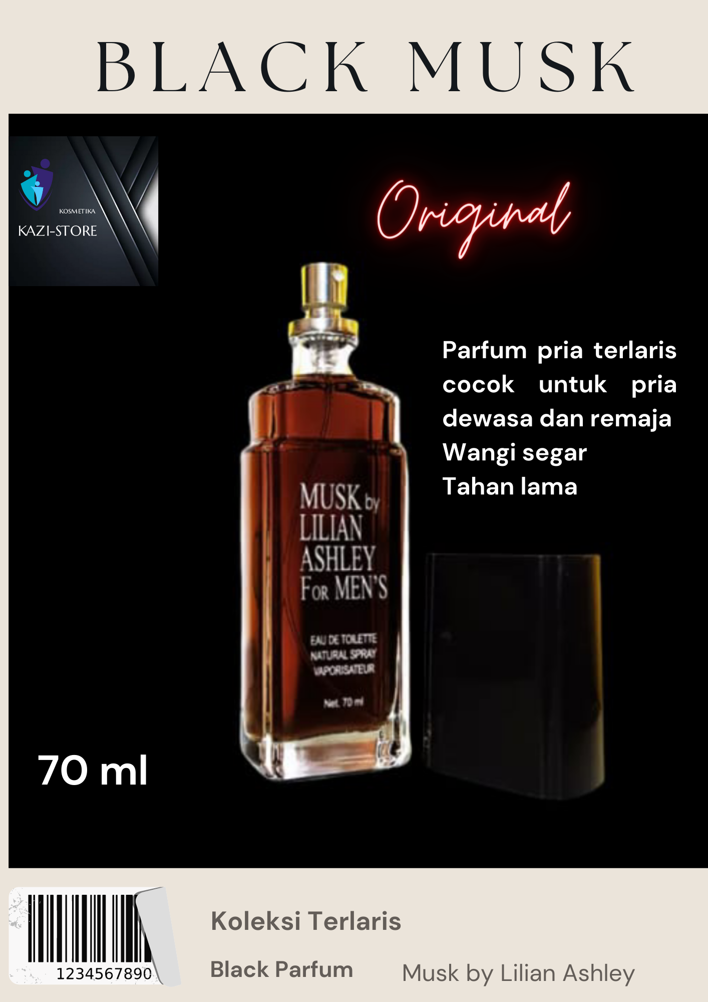 PARFUM PRIA ,ORIGINAL , WANGI KUAT ,SEGAR ,TAHAN LAMA,BLACK MUSK 70 ML ...