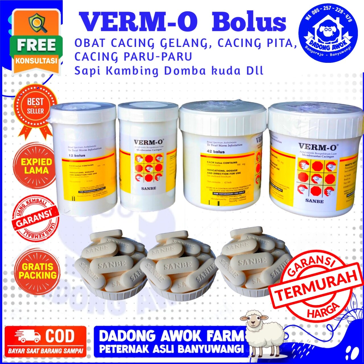 VERM O 1 BOLUS - SANBE HEWAN TERNAK - OBAT CACING GELANG, PITA, PARU ...