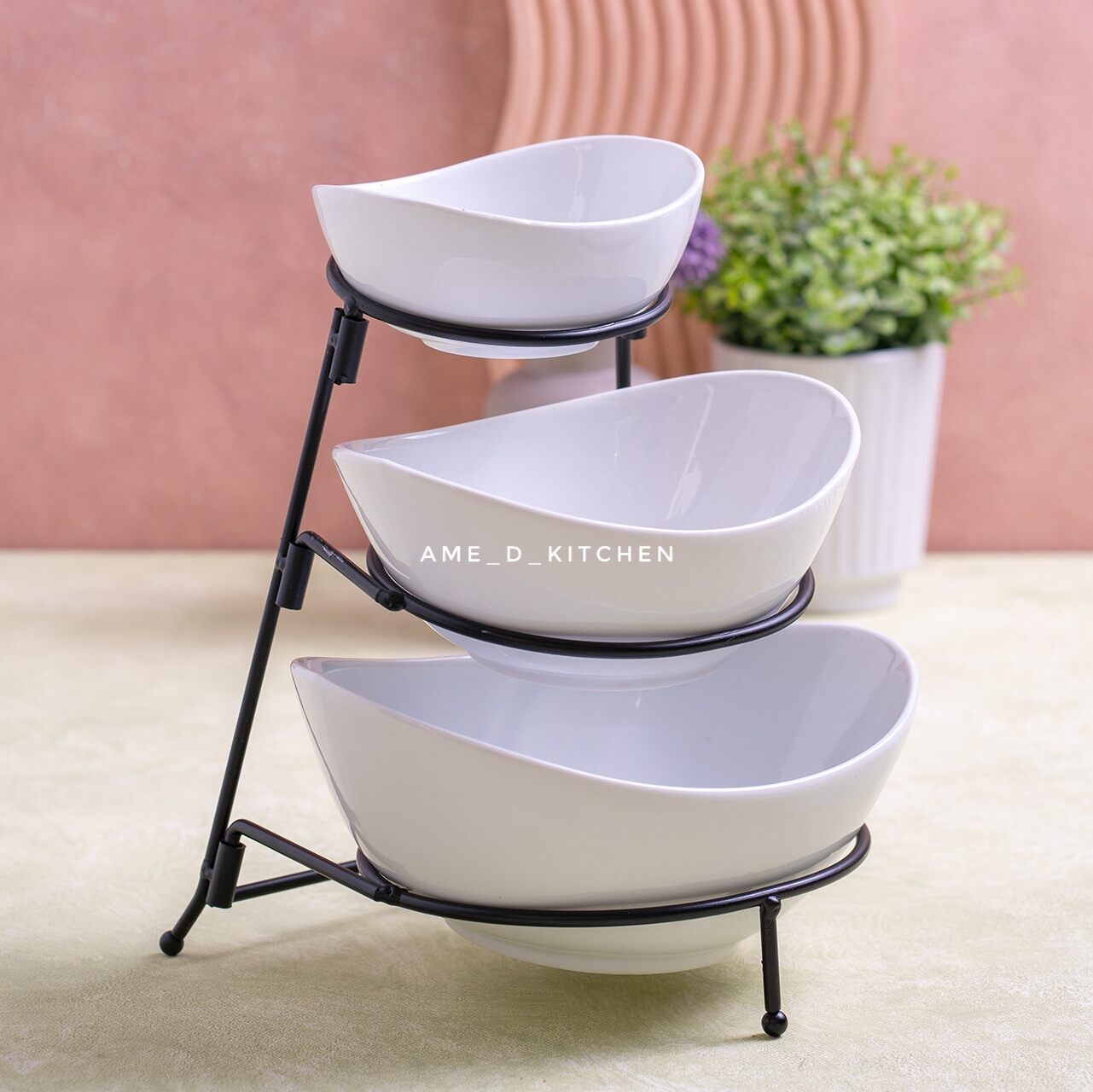 Wadah saji oval / Mangkok saji oval keramik putih susun 3 + rak ...