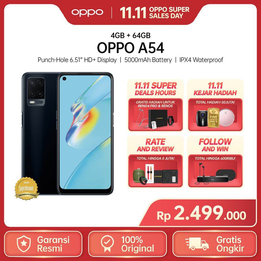 HP OPPO A54 4/64GB [16MP Selfie Camera, IPX4 Water Resistant, 5000mAh ...