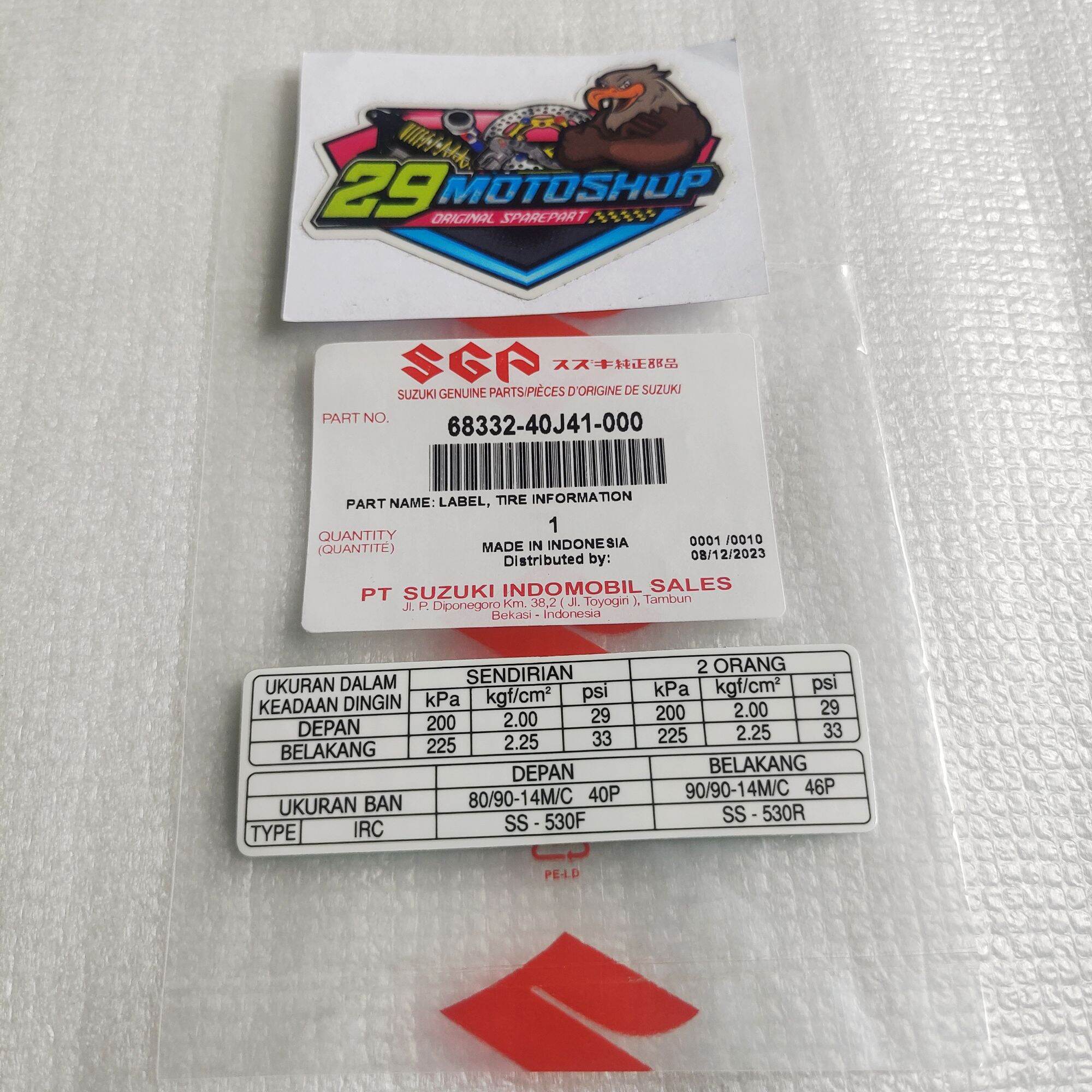 Stiker Label Tekanan Ukuran Ban Suzuki Nex Address Original SGP ...